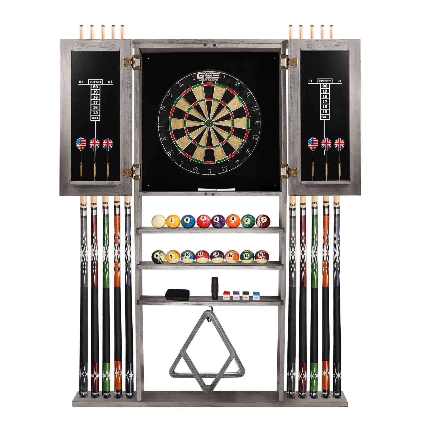 Gse Wall Mounted Billiard Pool Cue Rack Dart Board Cabinet 10 Cue Sticks Scoreboards Brushed