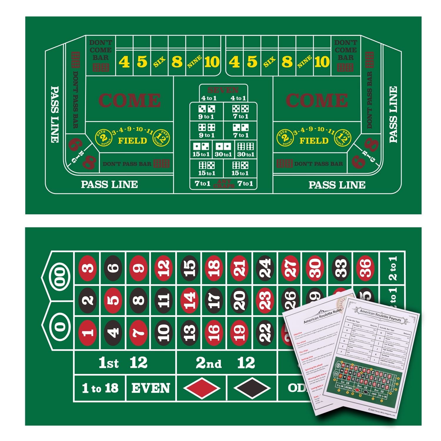 GSE Games & Sports Expert 36"x72" Craps & Roulette Layout Felt, 2-Sided ...