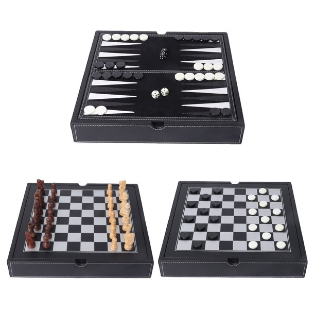 GSE Games & Sports Expert 3-in-1 Black Leather Chess, Checkers and Backgammon Tabletop Board ...
