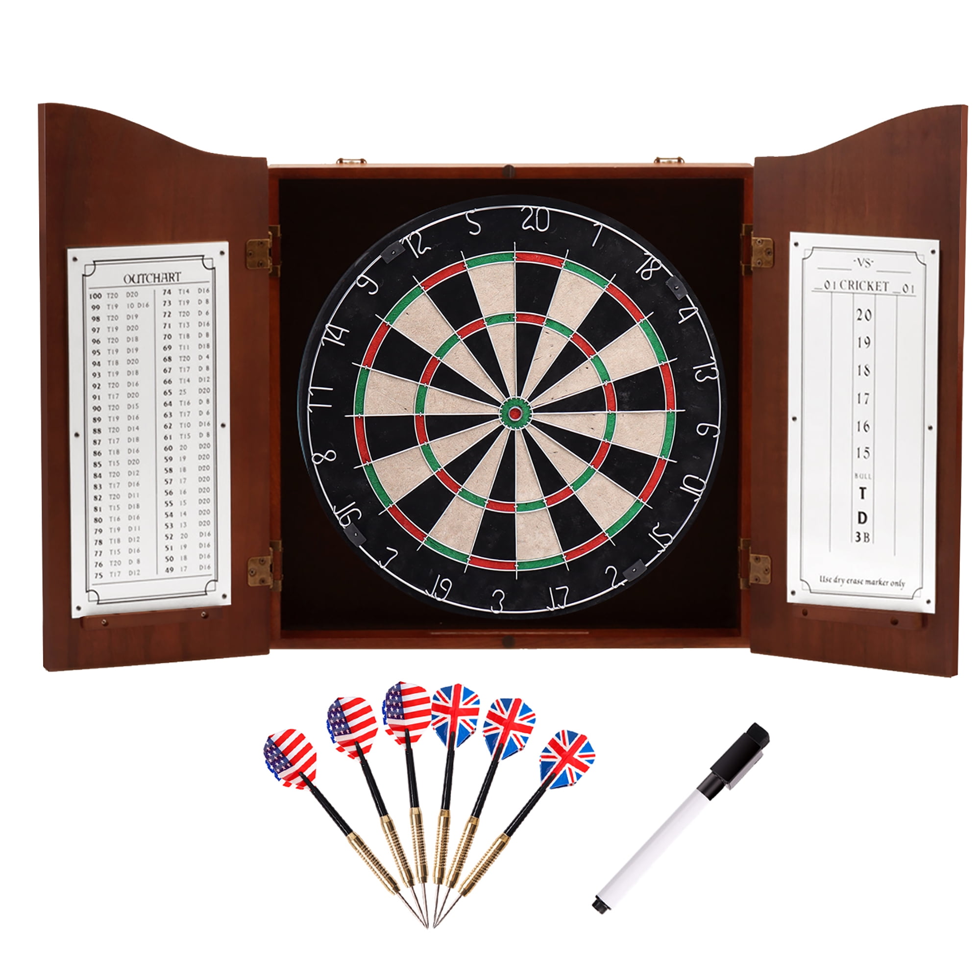 GSE Deluxe Solid Wood Dartboard Cabinet Set with Accessories, Sisal Dartboard, Scoreboard, 6 ...