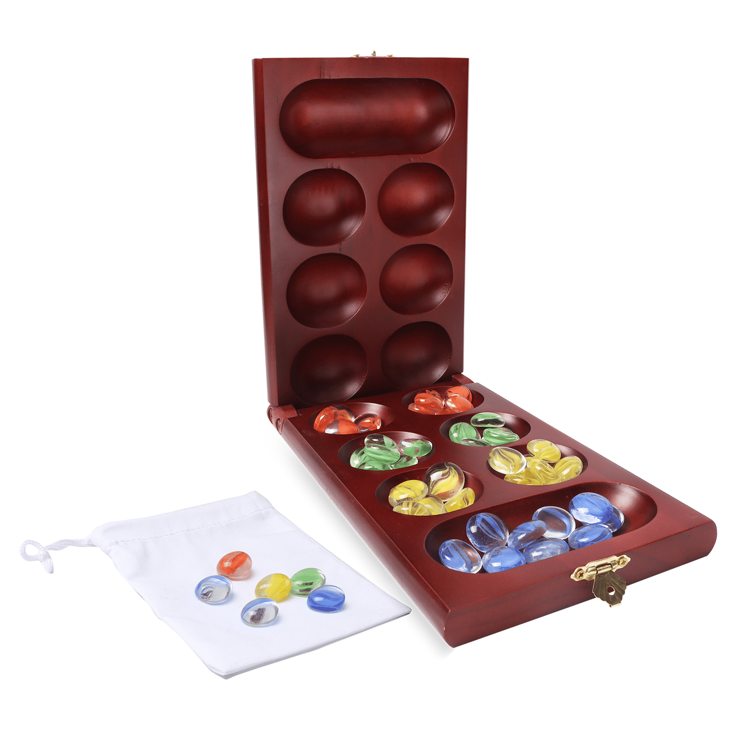 GSE Foldable Wooden Mancala Game, Multi-Color Glass Stones, Travel Set ...