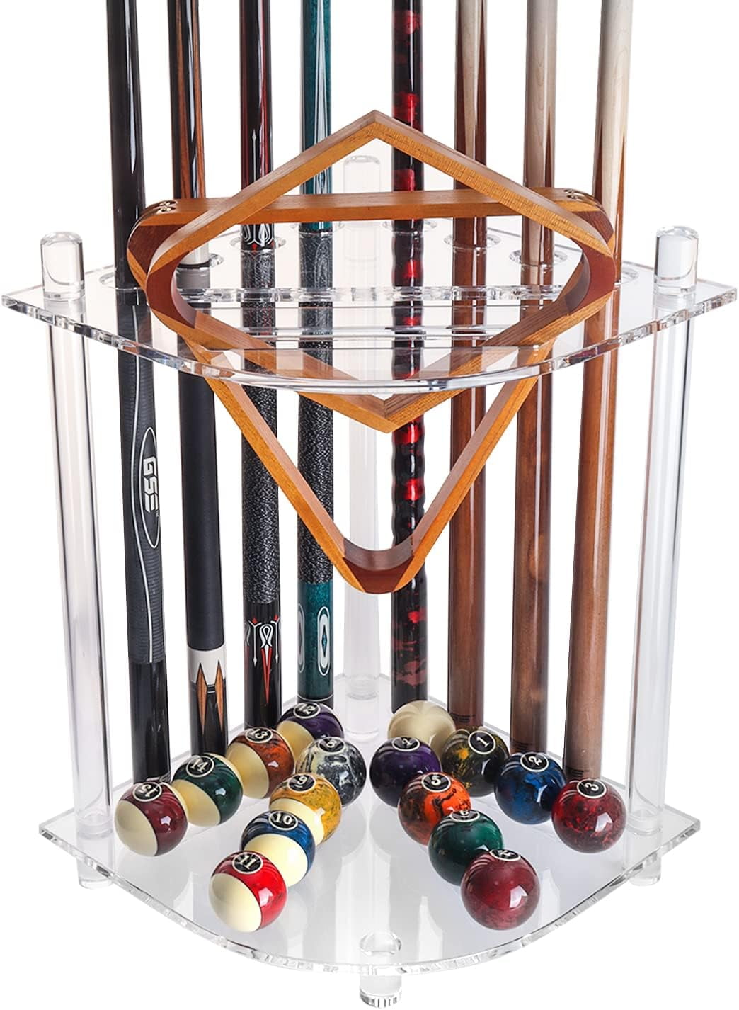 GSE Premium Acrylic Corner-Style Floor Stand Billiard Pool Cue Rack Only, Holds 8 Pool Cue Stick ...