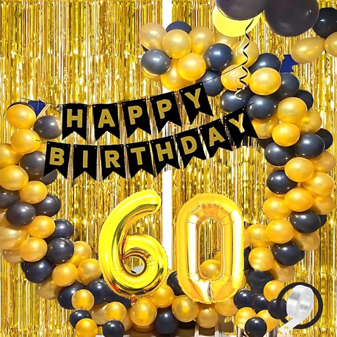 GSK 60th Black Gold Happy Birthday Decoration for Girls Kids Boys with ...