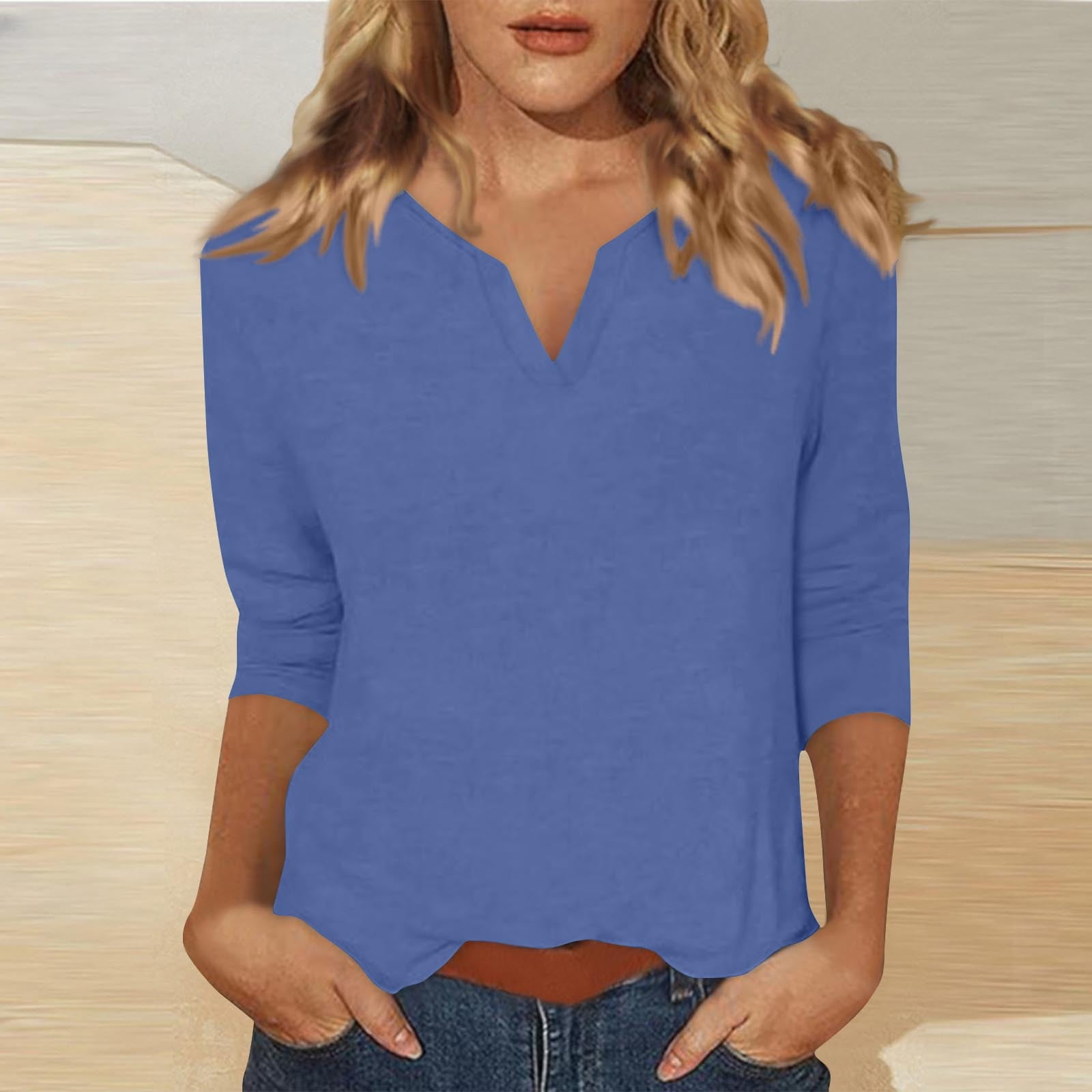 GSPCLAM 3/4 Sleeve Summer Tops for Women Solid Color V Neck Tshirts ...