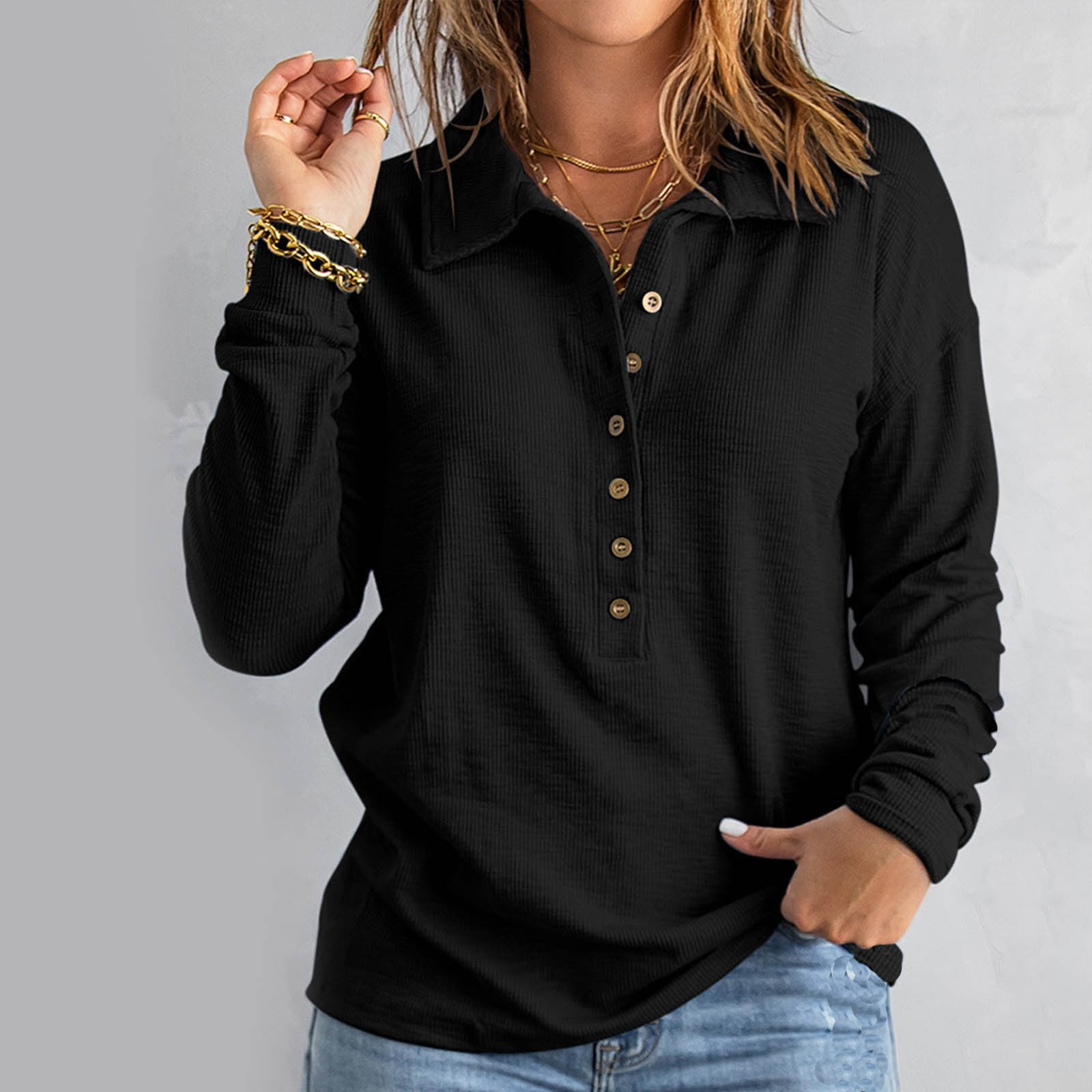 GSPCLAM Button Turndown Blouses for Women Tunic Fall Button-Up Turndown ...