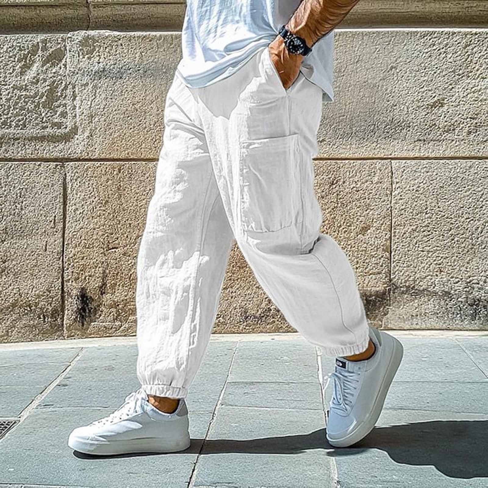 GSPCLAM Casual Pants for Men Natural Textured Linen Pants with Side ...