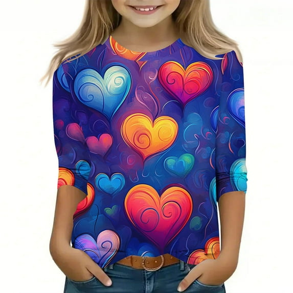 GSPCLAM Children's Heart Print 3/4 Sleeve Round Neck Top Valentine ...
