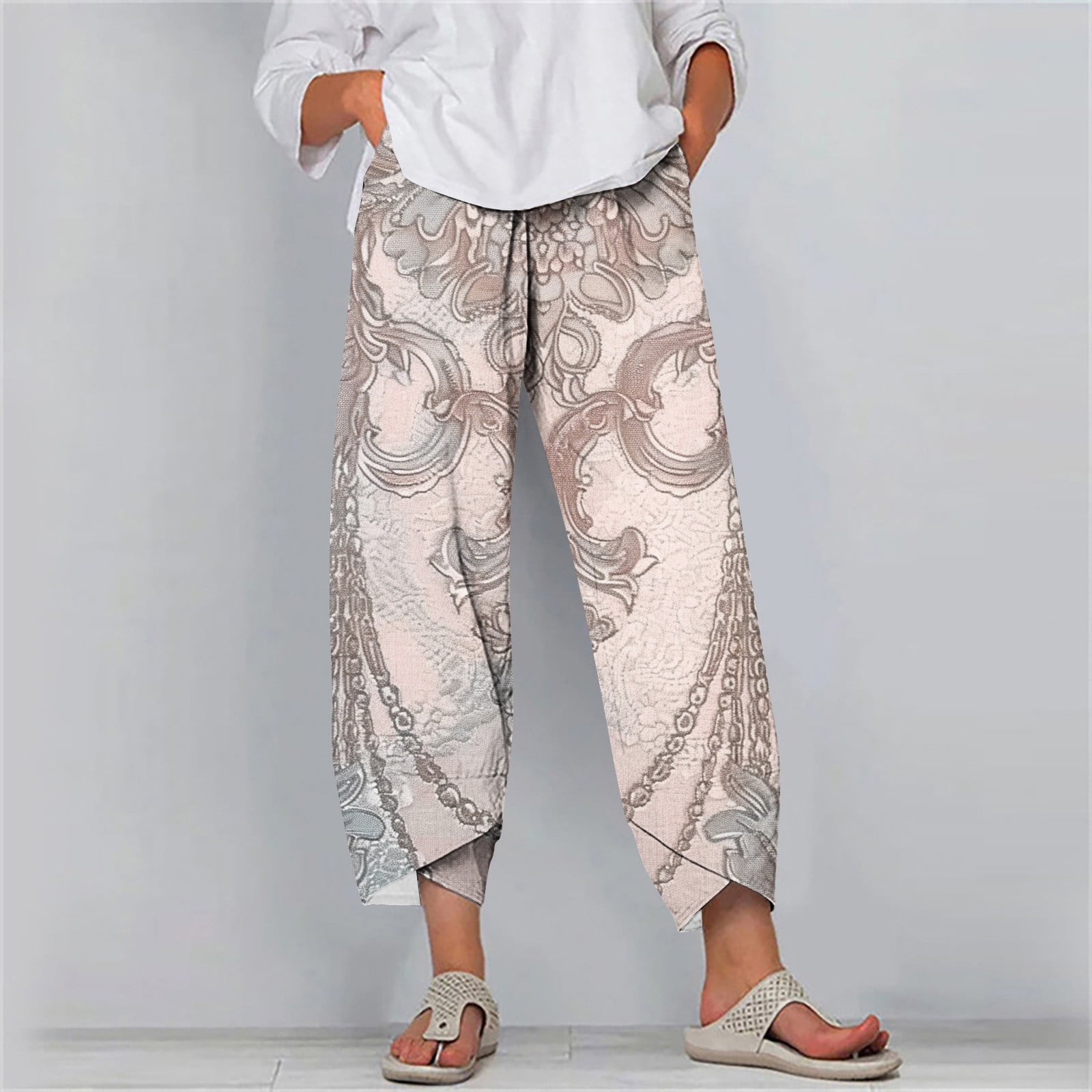 GSPCLAM Floral Graphic Womens Capris Wide-Leg Plus Size Pants Linen ...