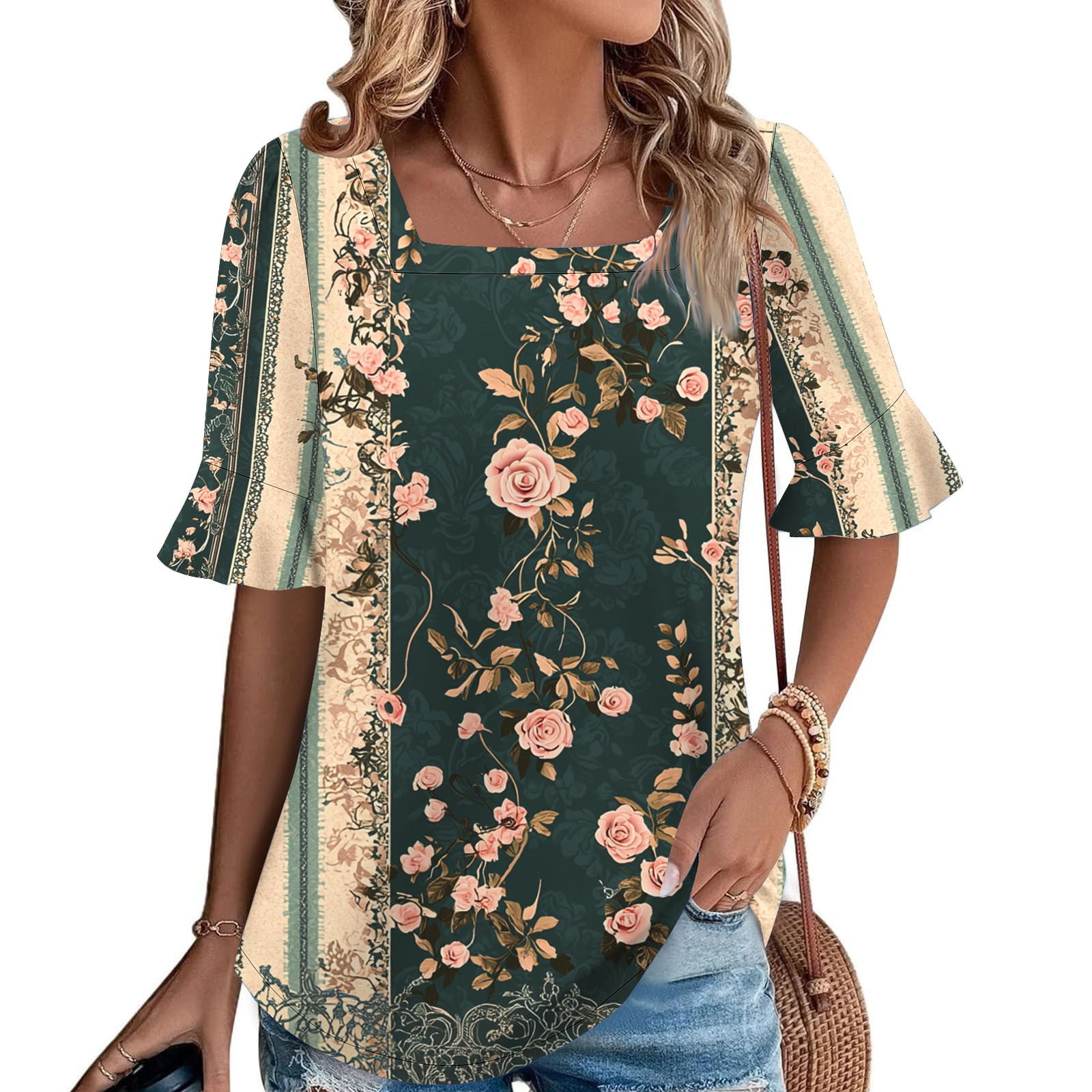 GSPCLAM Floral Pattern Blouse for Women Crew Neck Tunic T-Shirts Loose ...