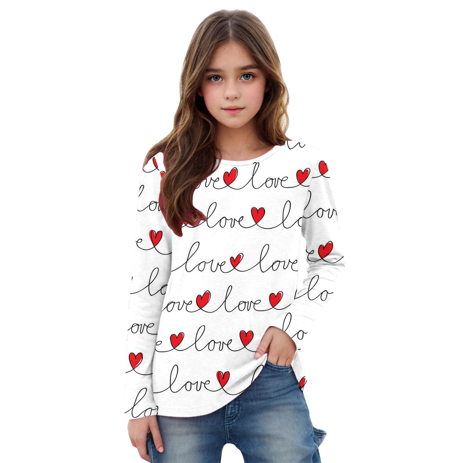 GSPCLAM Girls Valentines Shirt Round Neck Casual Top for Gift Long ...