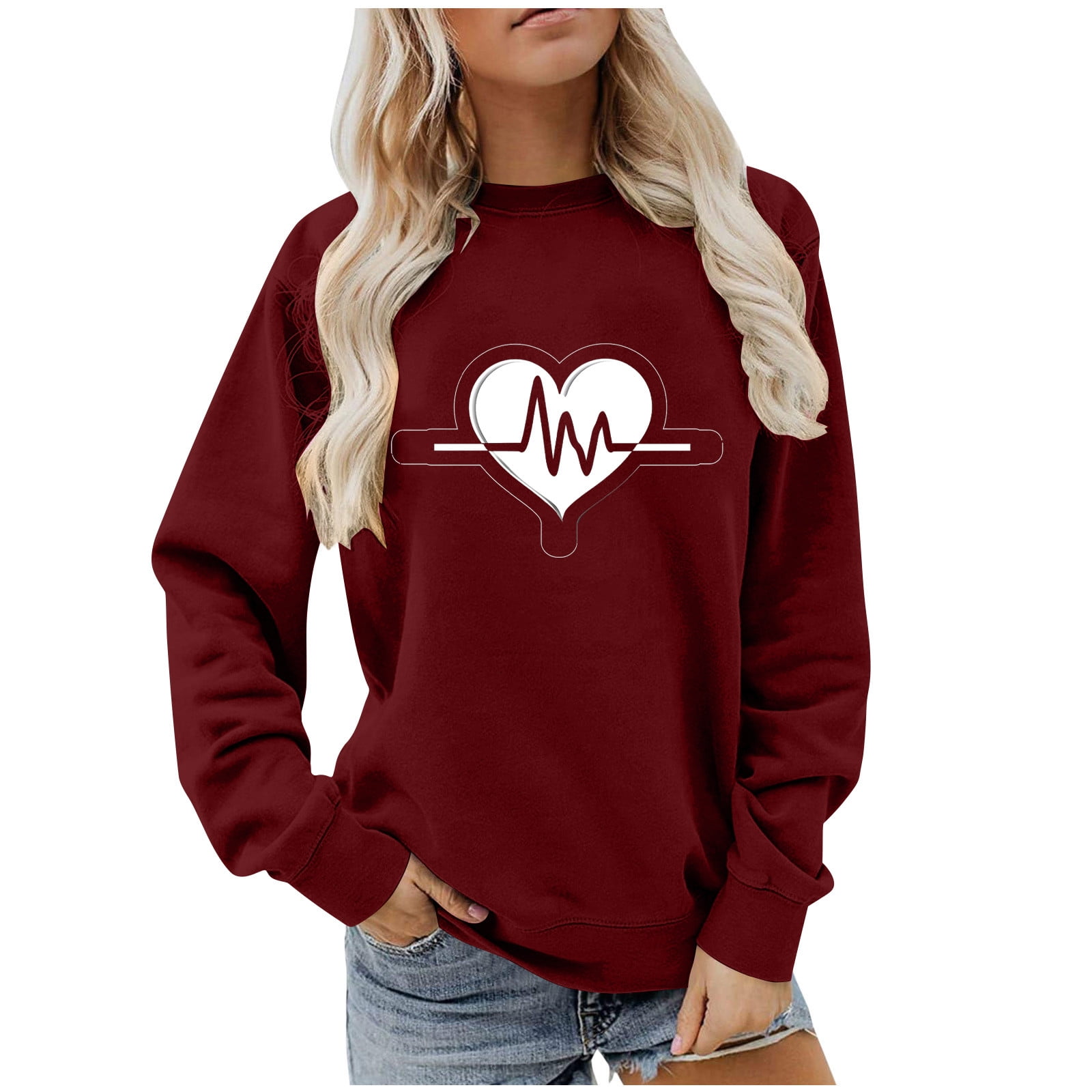 GSPCLAM Heart Graphic Sweatshirts for Women Loose Basic Tunic Tops for ...