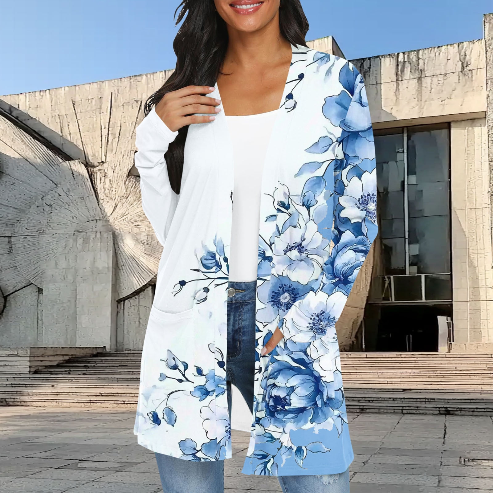 GSPCLAM Long Cardigans for Women Lightweight 3/4 Length Sleeve Floral ...