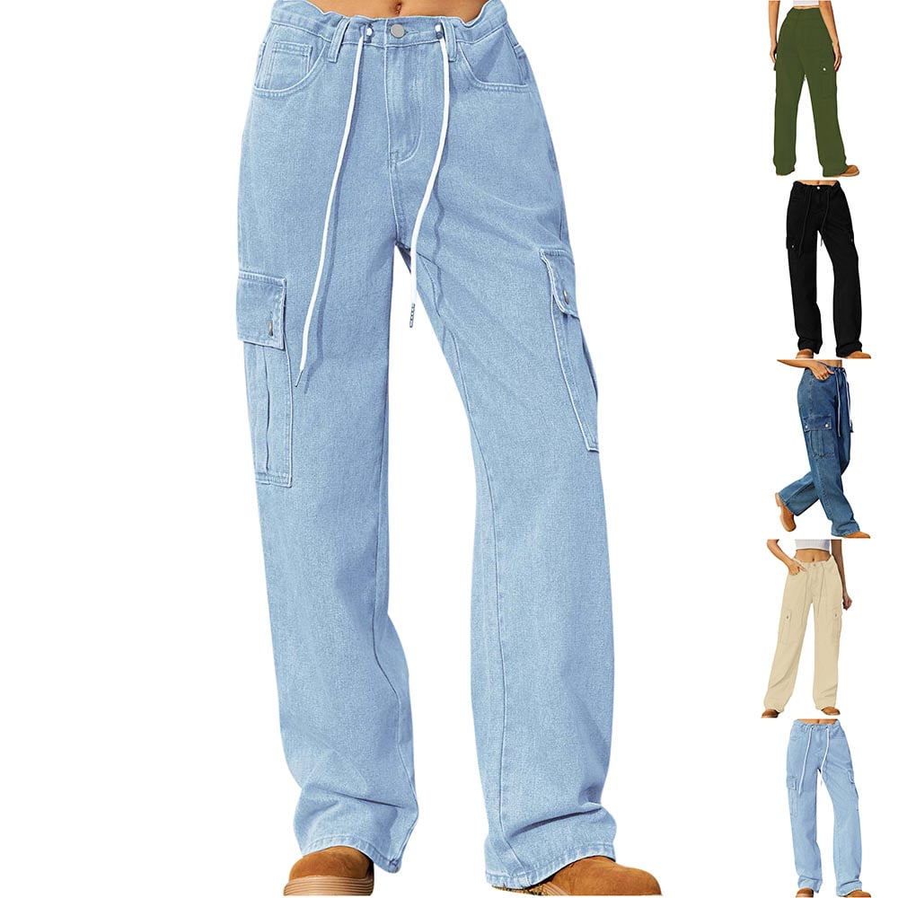 GSPCLAM Mid Waisted Cargo Jeans for Women Drawstring Loose Straight ...