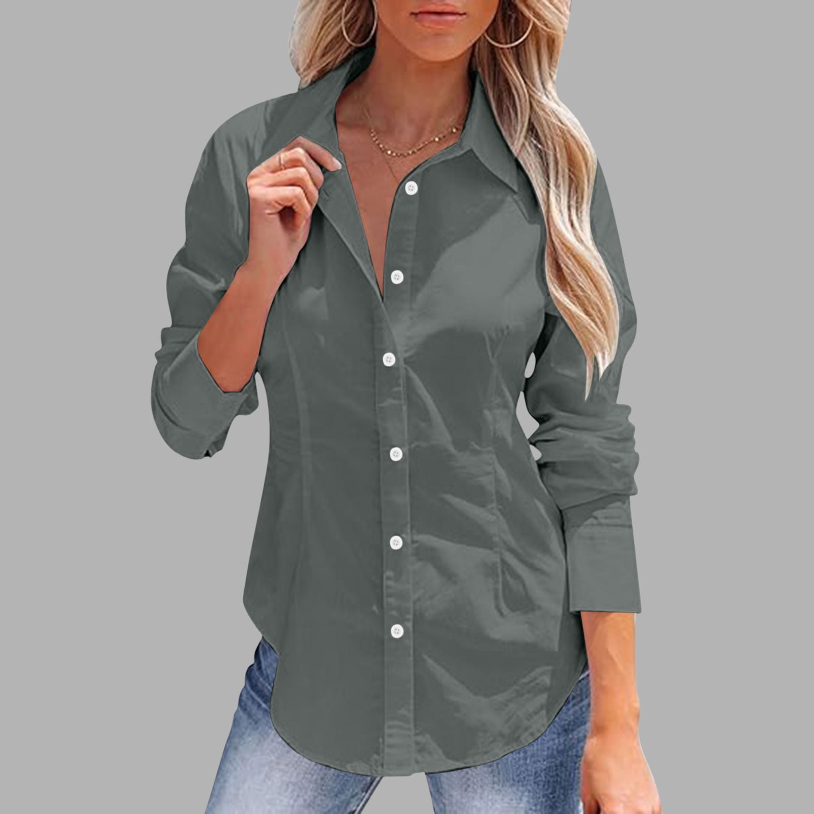 GSPCLAM Solid Color Blouses for Women Button Down Turndown Collar Long ...
