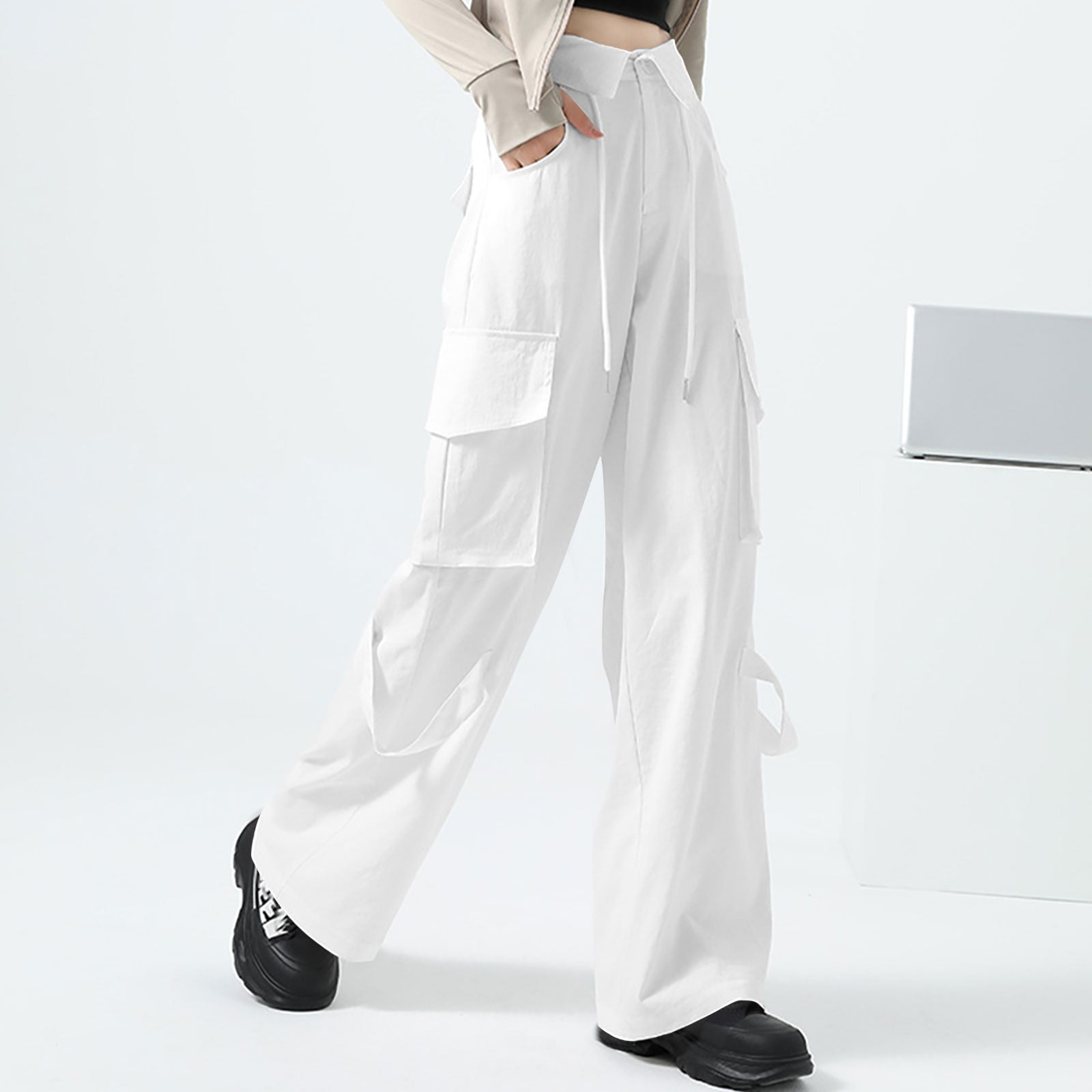 GSPCLAM Straight Wide-Leg Womens Cargo Pants 4 Pockets High Waisted ...