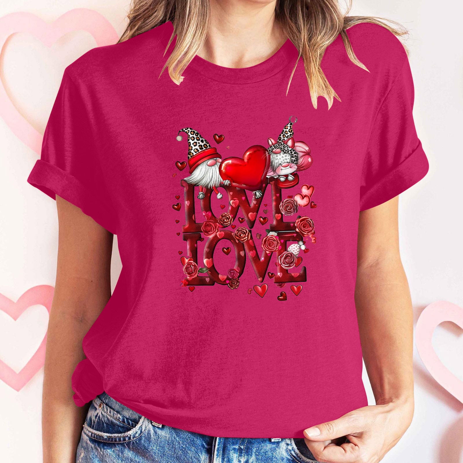 GSPCLAM Women's Heart Pattern Blouse Short Sleeve Valentines Shirt Plus Size Crew Neck Valentine ...