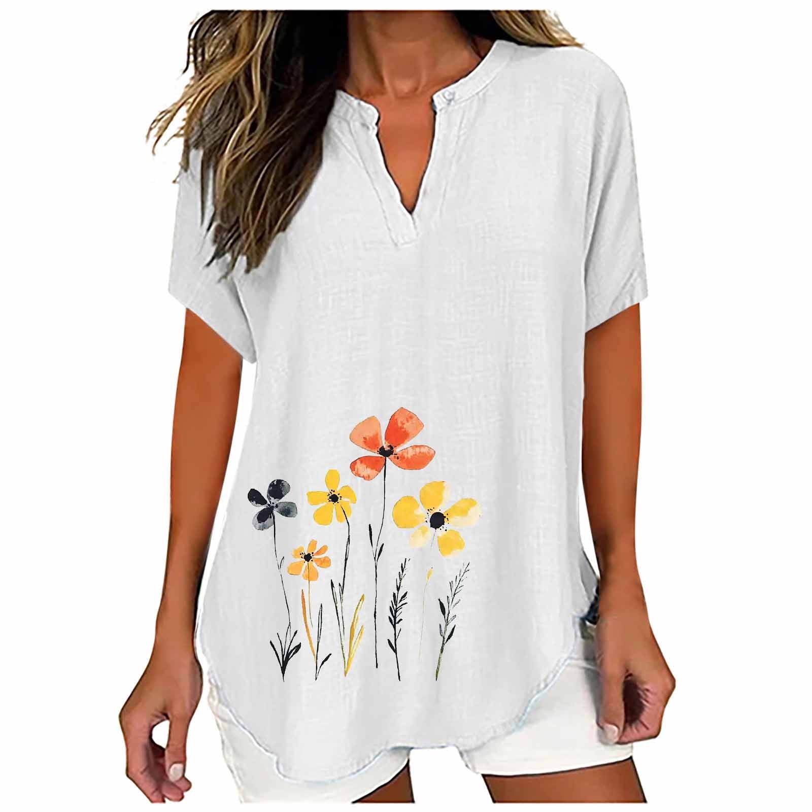 GSPCLAM Women's Linen T-Shirts V-Neck Floral Graphic Tees Loose Fit ...
