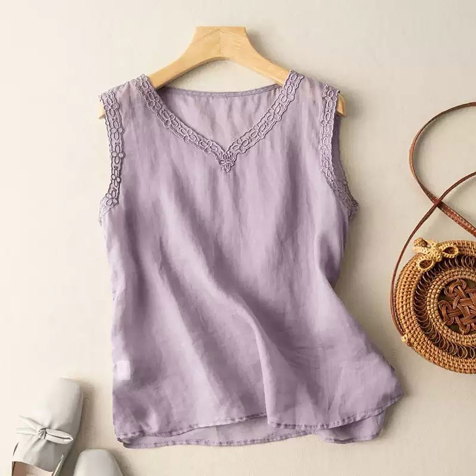 GSPCLAM Women's Tank Tops Plus Size Crew Neck Cotton Linen Tops Solid ...