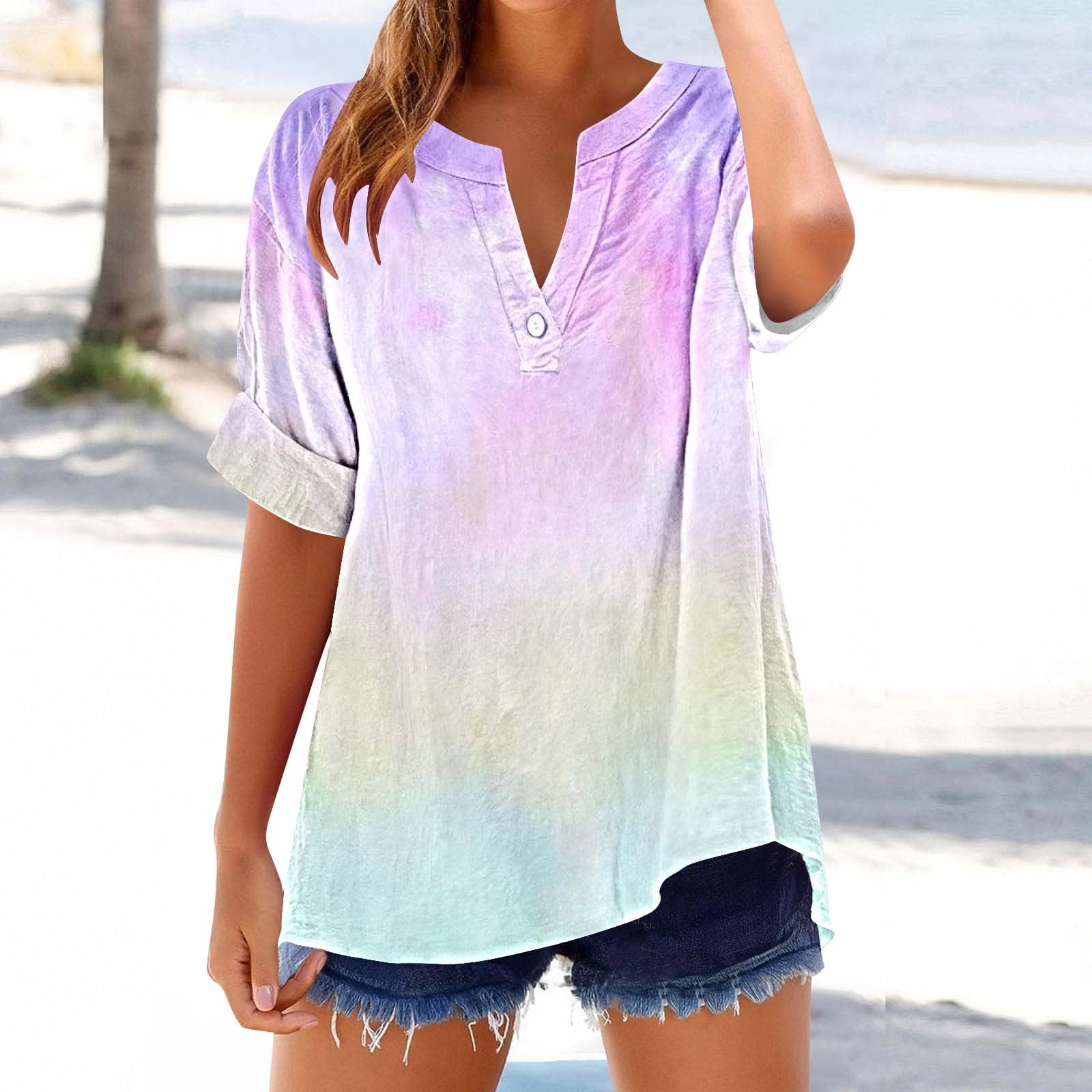 GSPCLAM Womens Gradient Graphic Tees V Neck Tops Short Sleeve Button ...