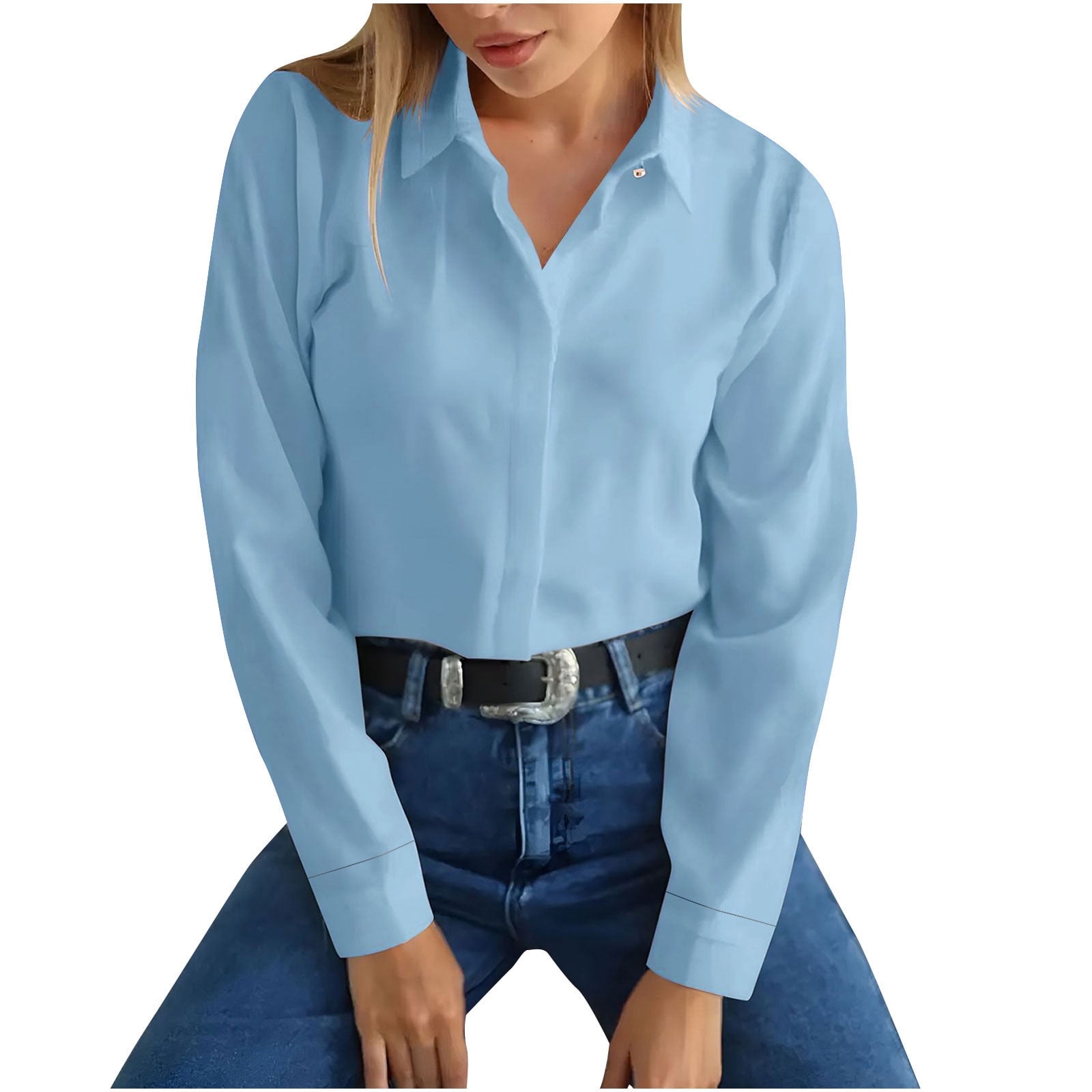 GSPCLAM Womens Long Sleeve Blouses Solid Color Turndown Blouses for Daily Life Turndown Collar ...
