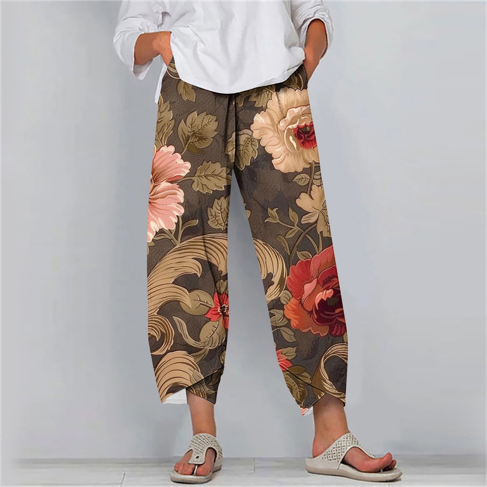 GSPCLAM Womens Plus Size Wide-leg Capris Floral Print Linen Pants for ...