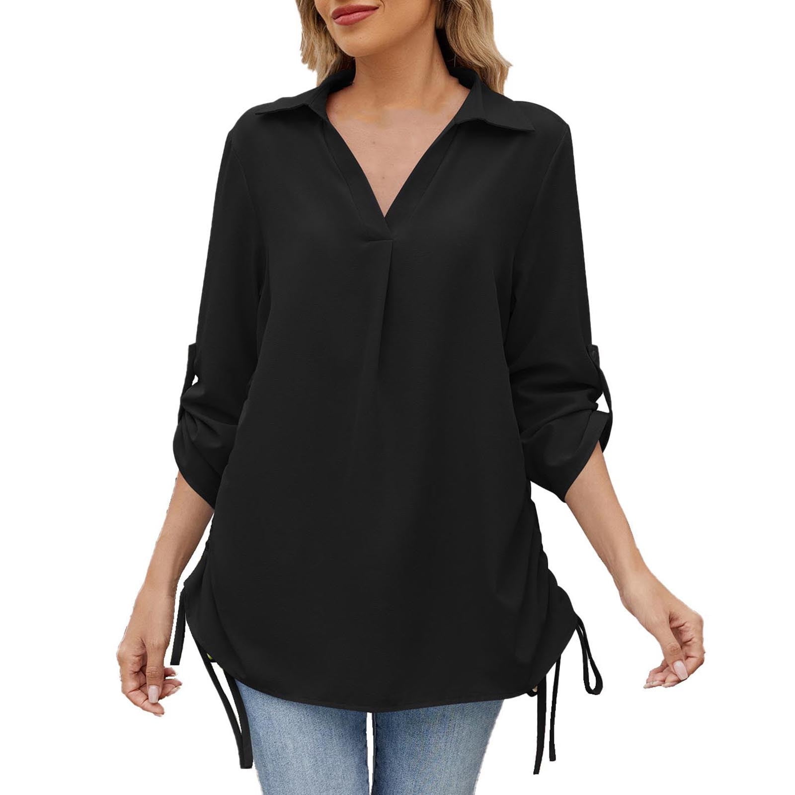 GSPCLAM Womens Tunic Tops Loose Solid Color Fall Long Sleeve Turndown ...