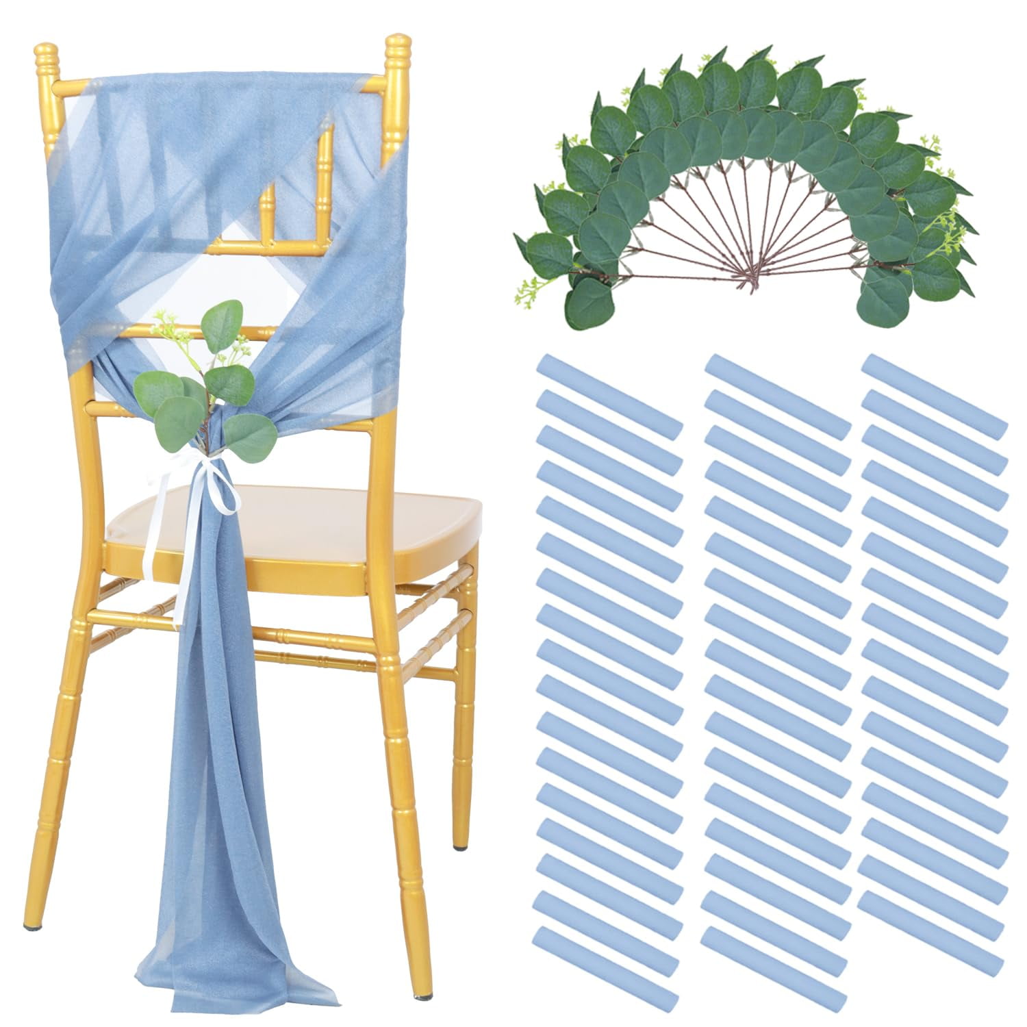 GSQQTE Chair Sashes Dusty Blue 50 Packs 8ft Tulle Chair Sashes with ...