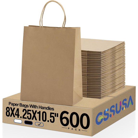 GSSUSA 600 Pack 8x4.25x10'' Paper Bags with Handles Bulk, Brown Paper ...