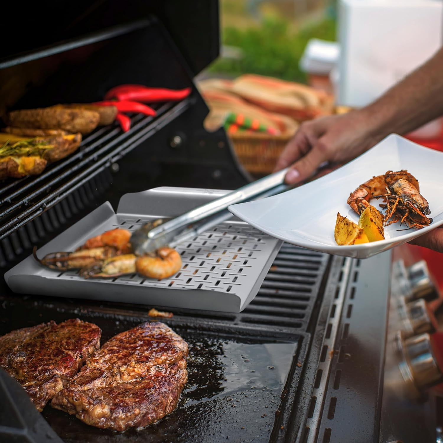 GT-525 Grill Pan and Grill Basket Set, High Sidewalls with Built-in ...