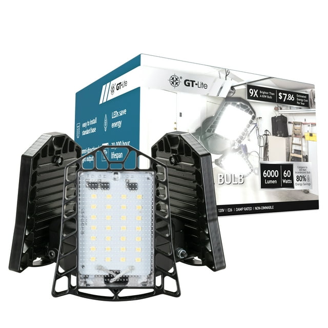 GT-Lite 6000 Lumen LED Light Bulb, 3-Panel Adjustable Garage & Utility ...