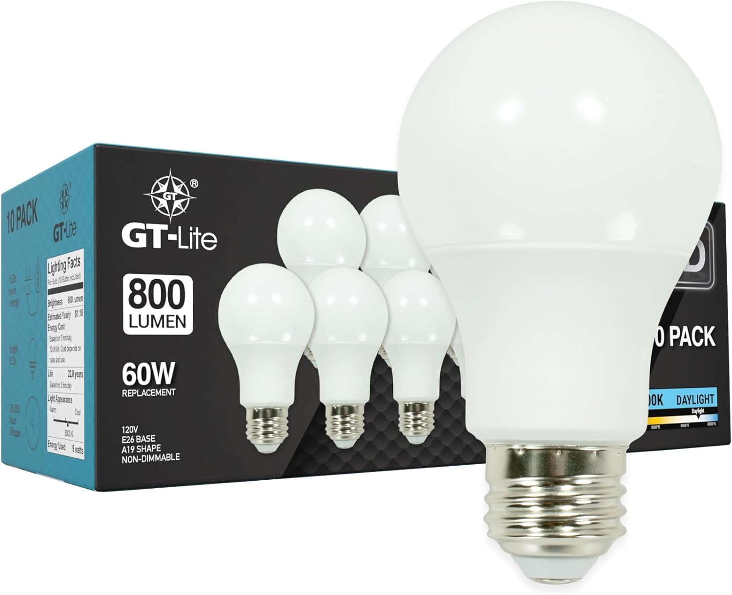GT-Lite LED A19 Light Bulbs, 800 Lumens, 9W (60W Equivalent), E26 Base ...