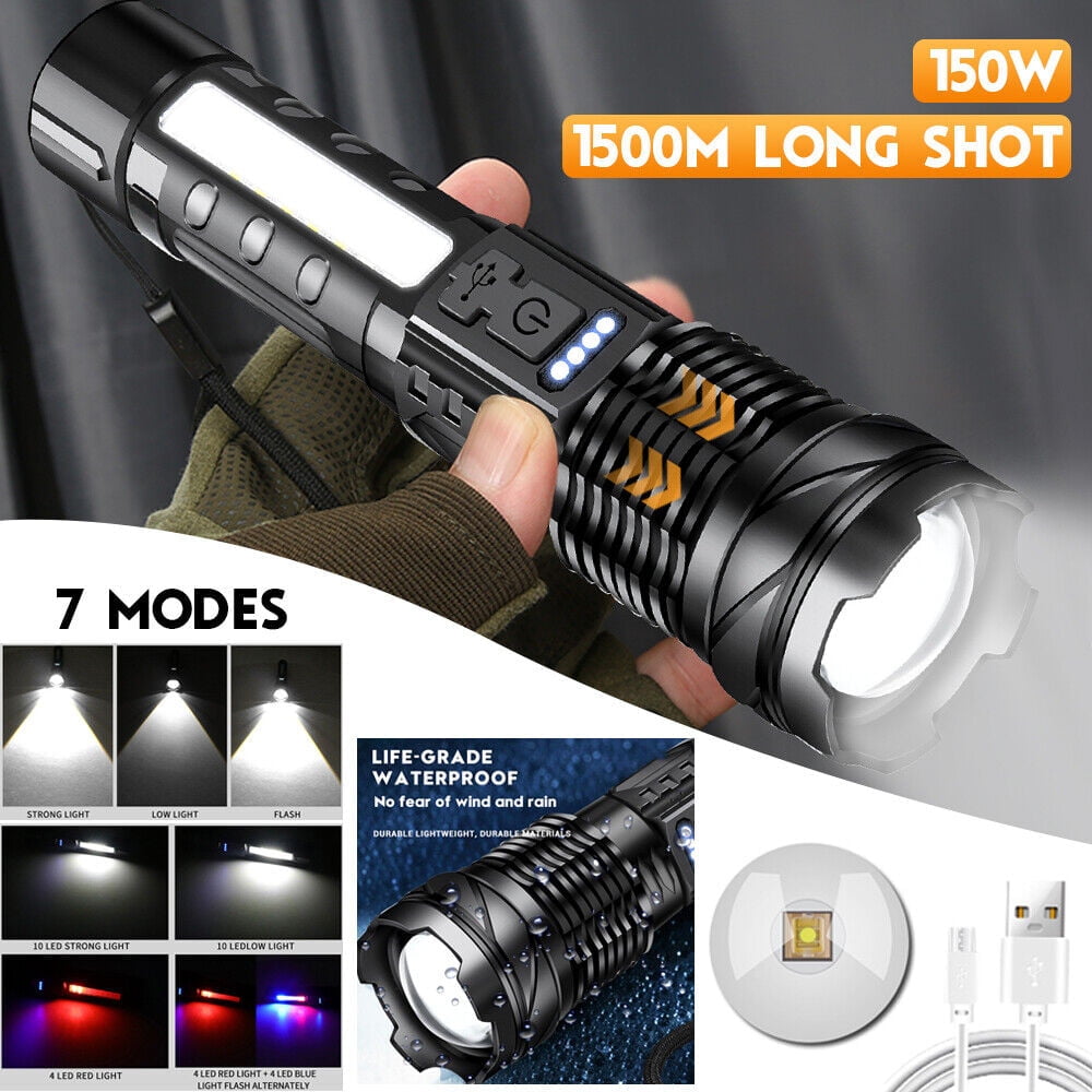 GT10 150W LED Flashlight, Rechargeable White Spotlight Torch, Tactical ...