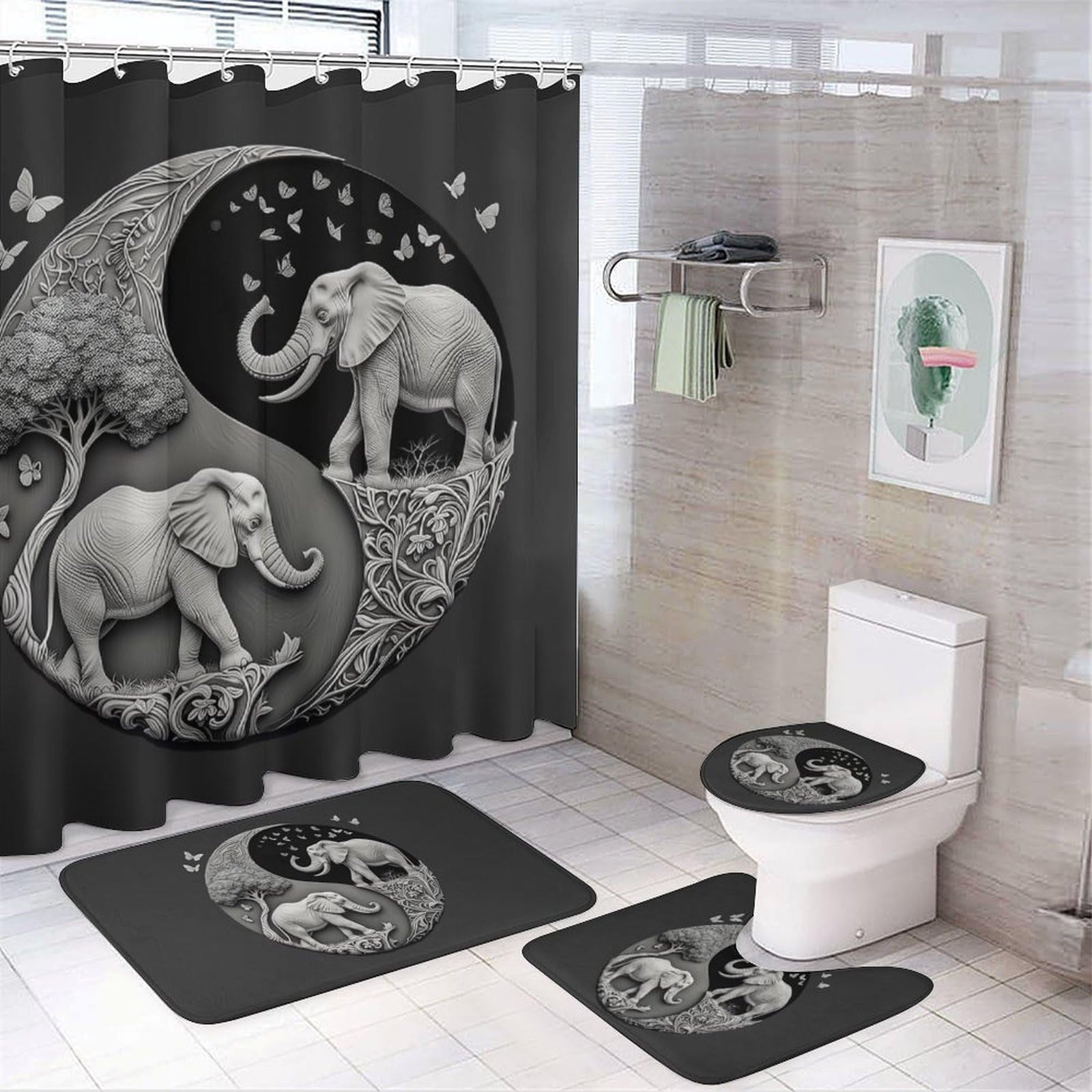 GTABVECT Black White Elephants 4 Pcs Bathroom Shower Curtain Set ...