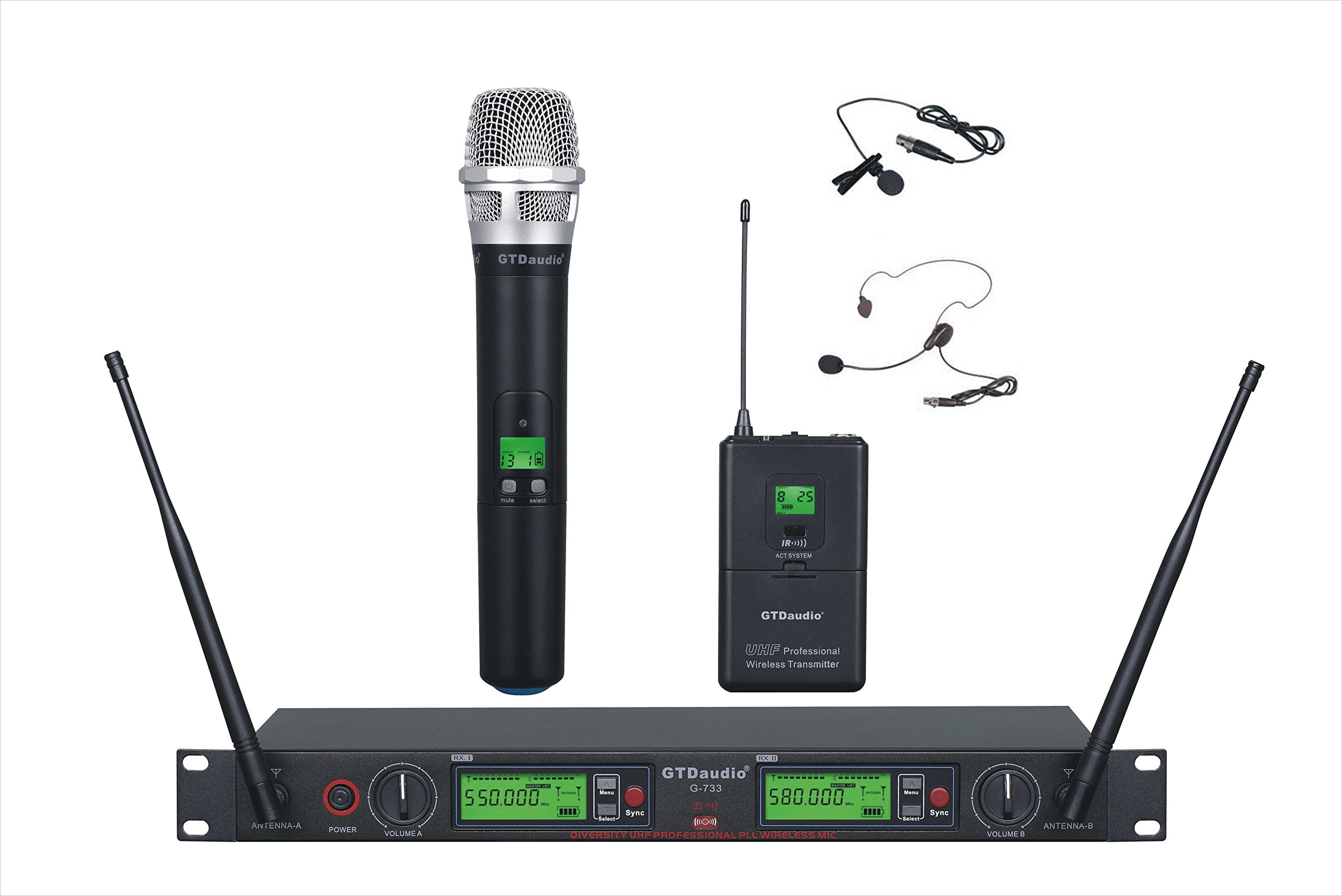 GTD Audio UHF Wireless Microphone System 2x800 Channels Diversity 1 ...