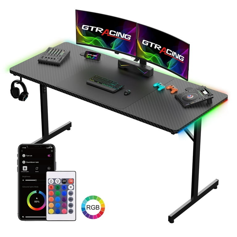 GTRACING 55 Large RGB Gaming Desk with Mouse Pad T Shaped Office Chair Computer Desk Spacious Work Surface Table Black