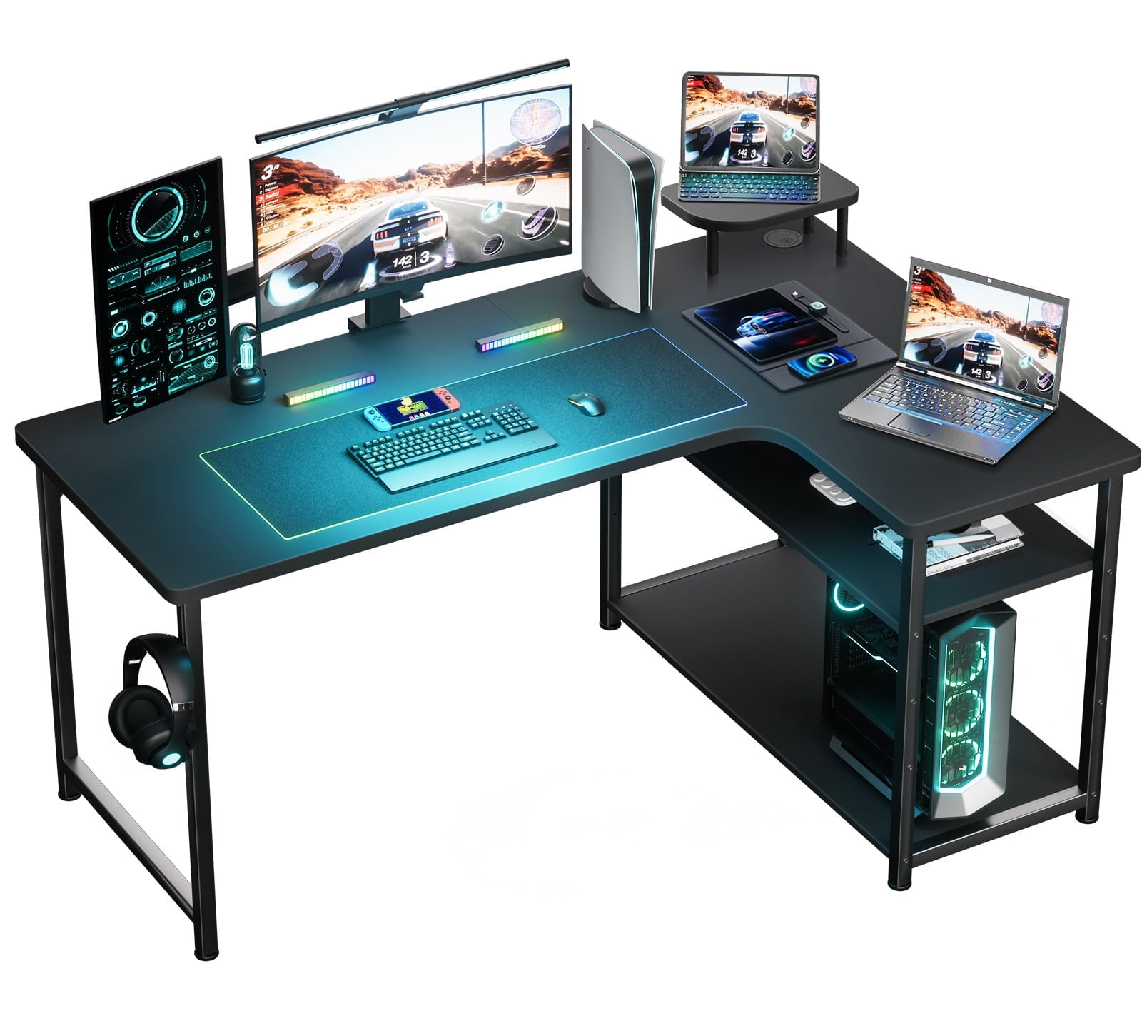 GTRACING Gaming Desk with Drawers, Carbon Fiber Style L Shaped Computer ...