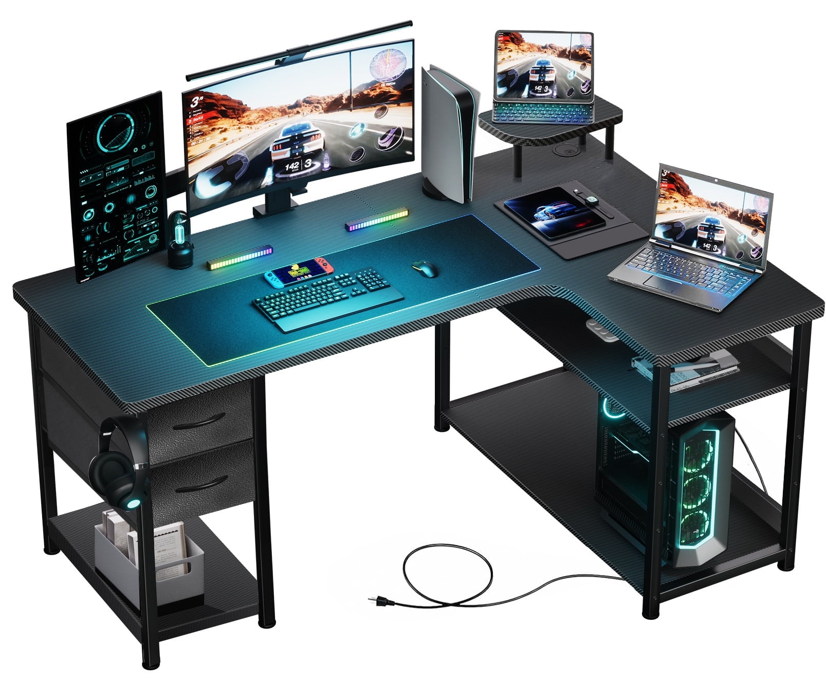 GTRACING Gaming Desk with Drawers, Carbon Fiber Style L Shaped Computer ...