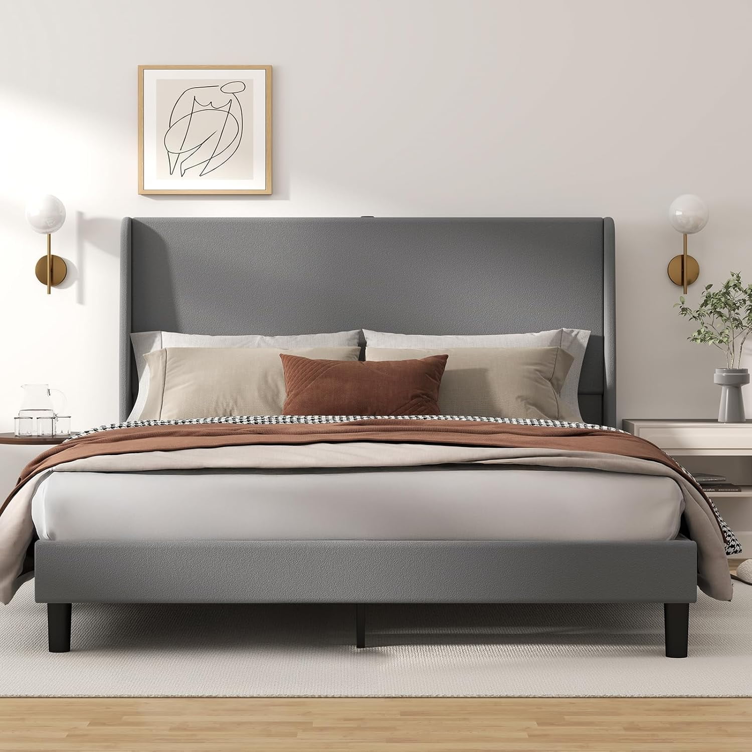 GTRACING Queen Bed Frame, Upholstered Bed Frame Wingback Headboard High ...