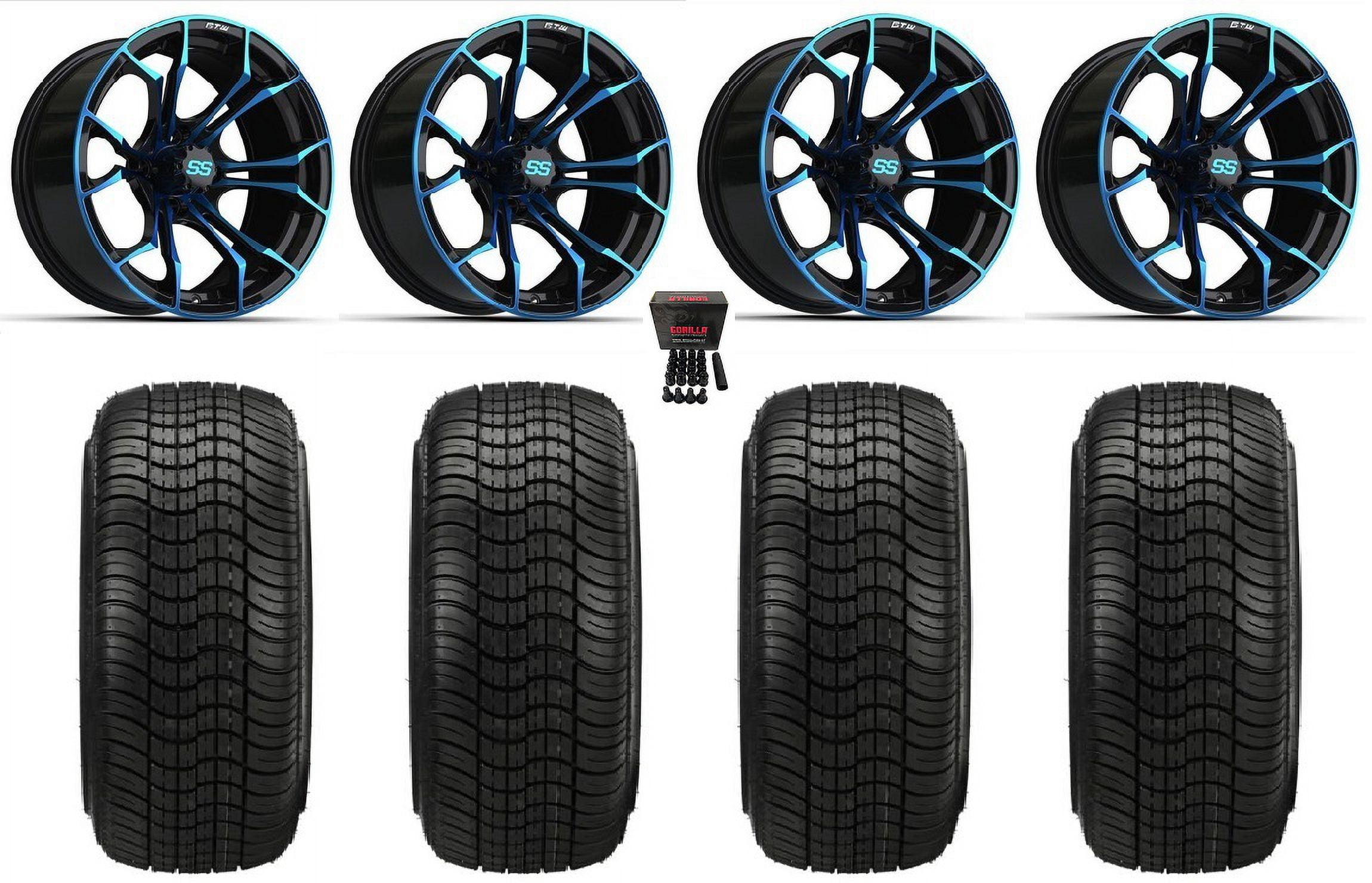 GTW Spyder 15" Golf Cart Wheels Black/Blue 205x35 Elite Tires E-Z-GO ...