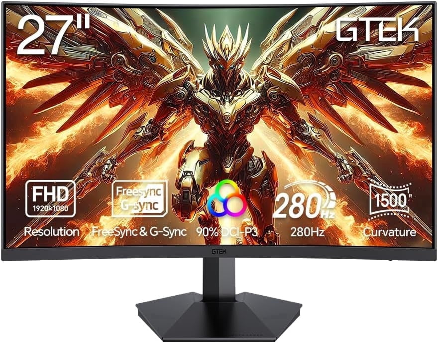 GTek 27 Inch Curved 280Hz 240Hz Gaming Monitor FHD 1080P, 1500R Curve ...