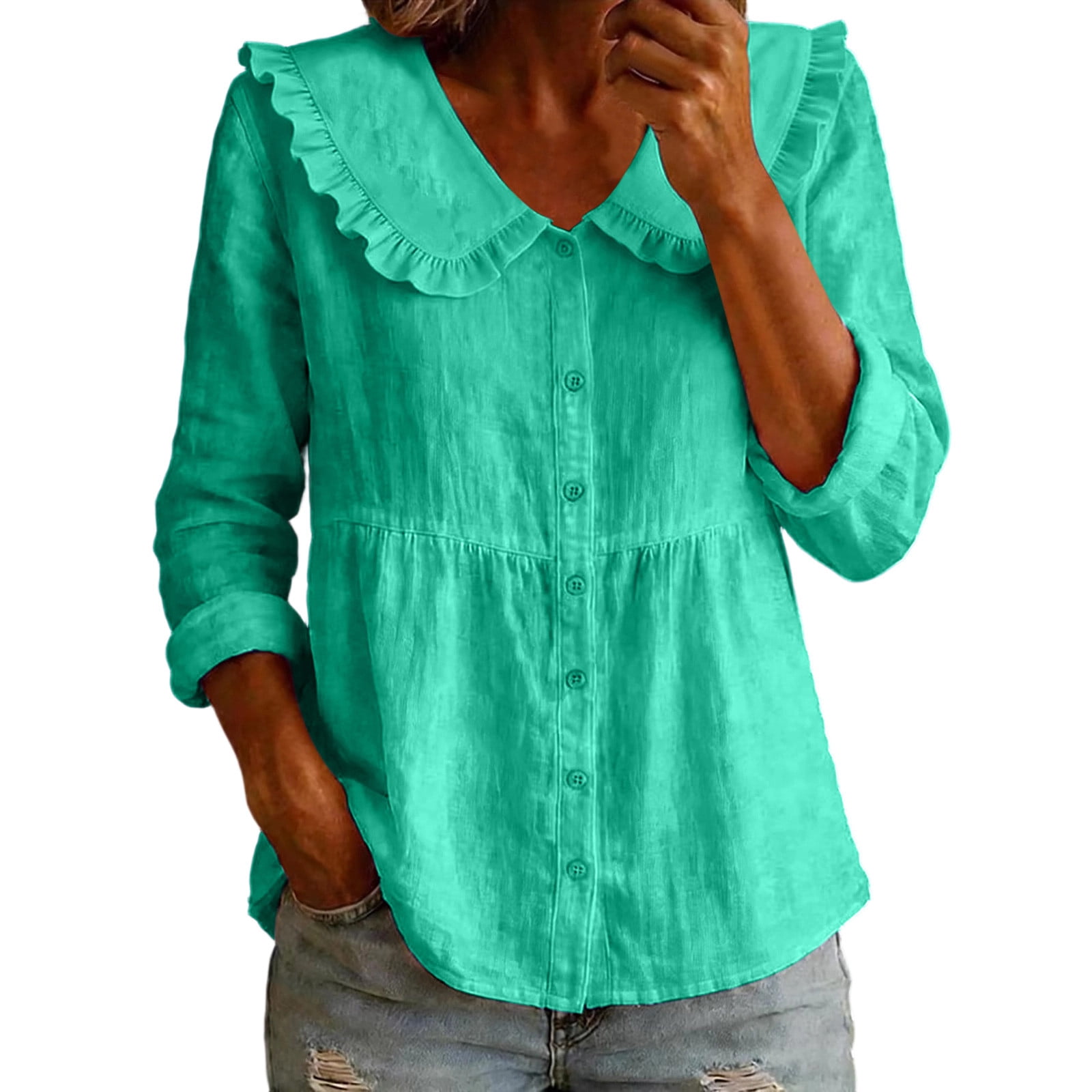 GUACER Blouses for Women Ruffle Peter Pan Collar Linen Shirt Long ...