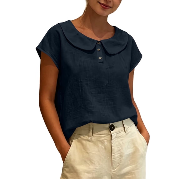 GUACER Short Sleeve Linen Cotton Tops for Women Peter Pan Collar Casual ...