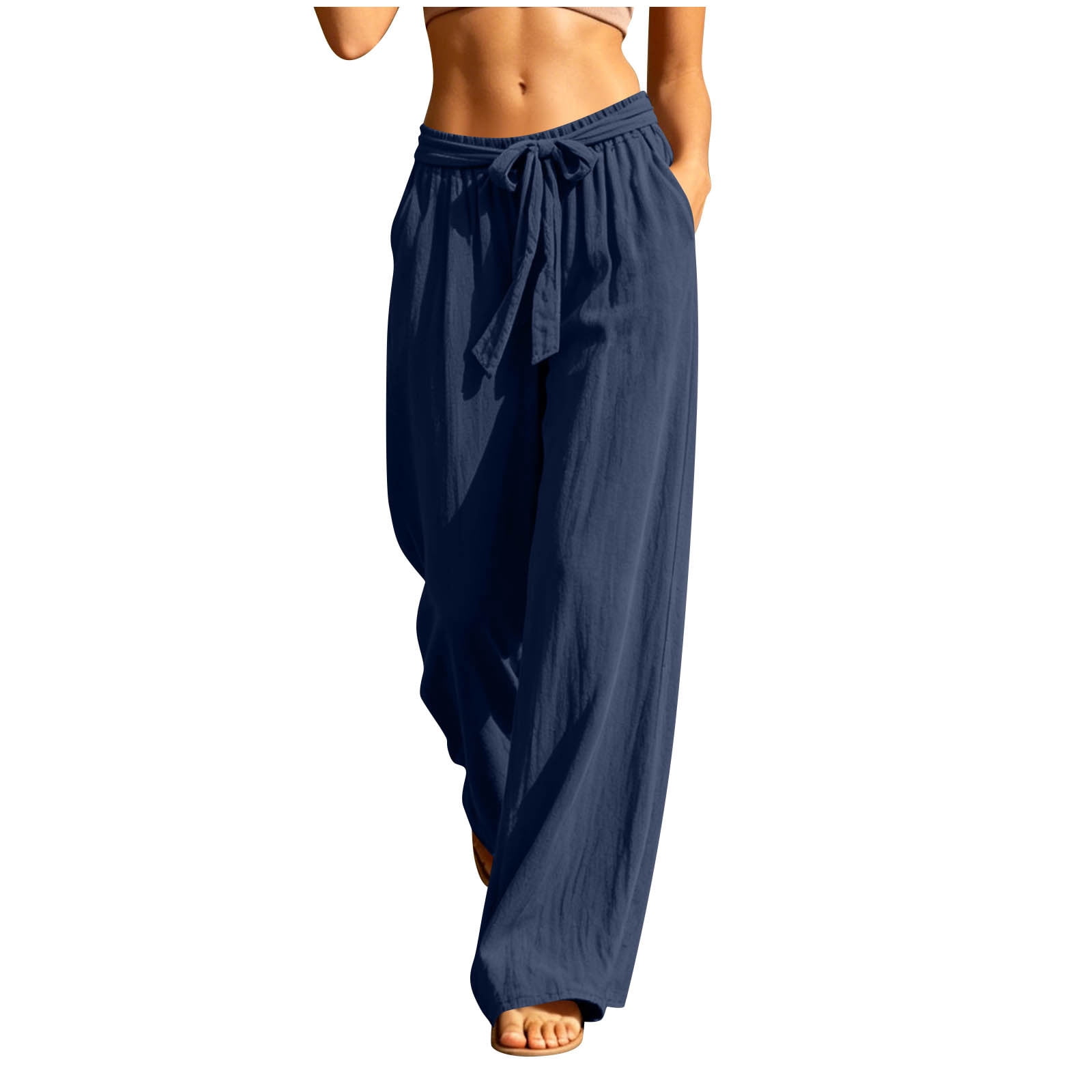 GUACER Wide Leg Pants for Women Linen Cotton Drawstring Loose Boho ...