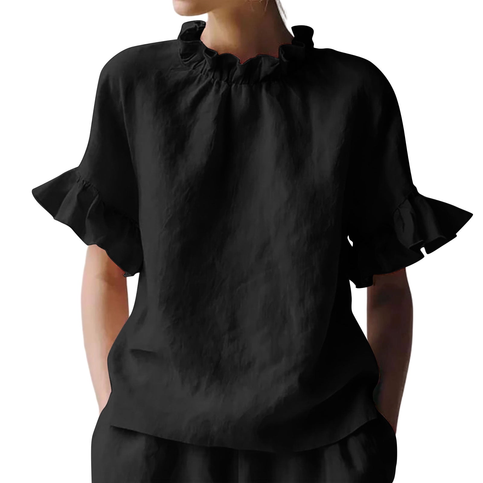 GUACER Women's Short Sleeve Ruffle Neck Tops Flowy Flutter Sleeve ...