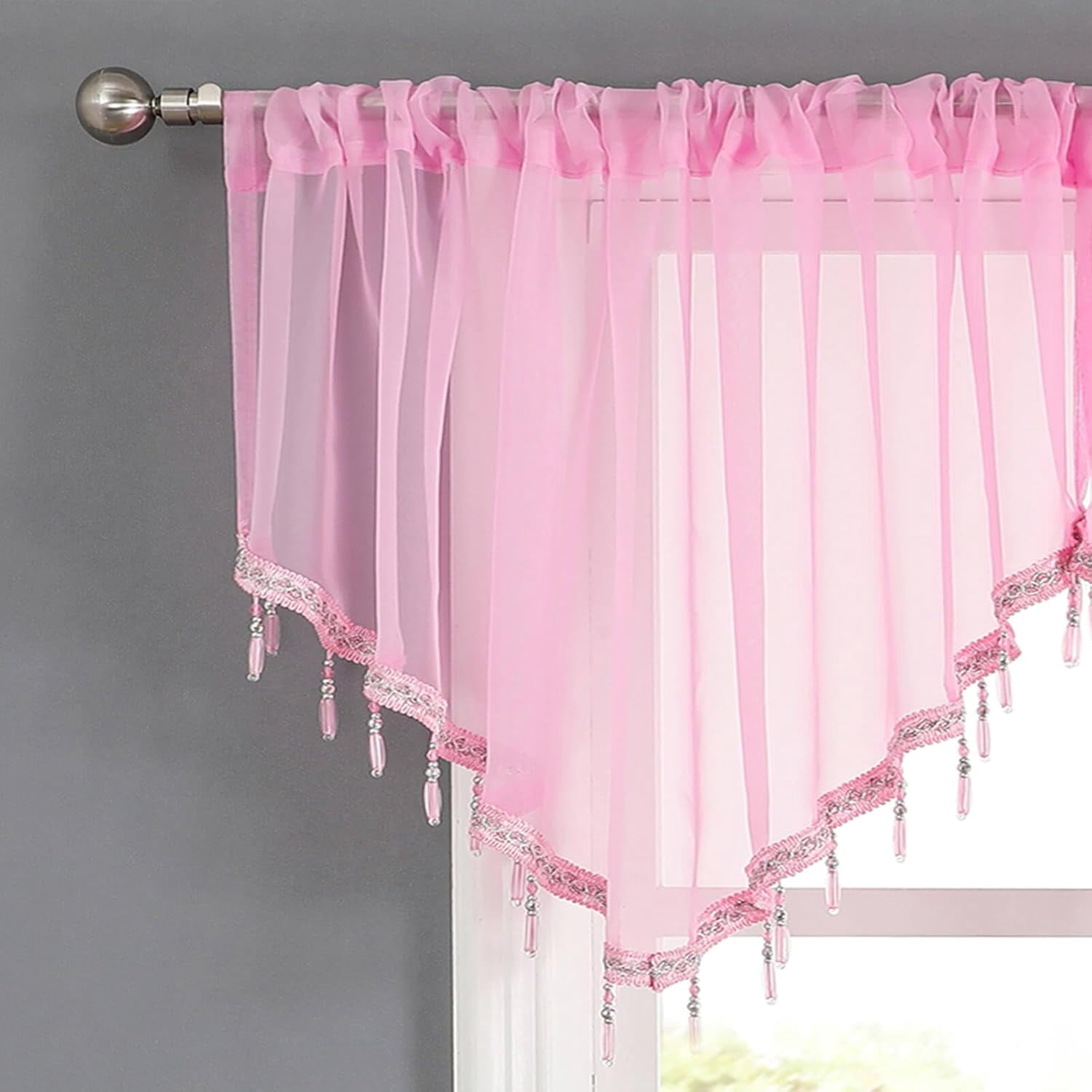 GUAJDE-Beaded Sheer Valance Curtains for Living Room Windows, Rod ...