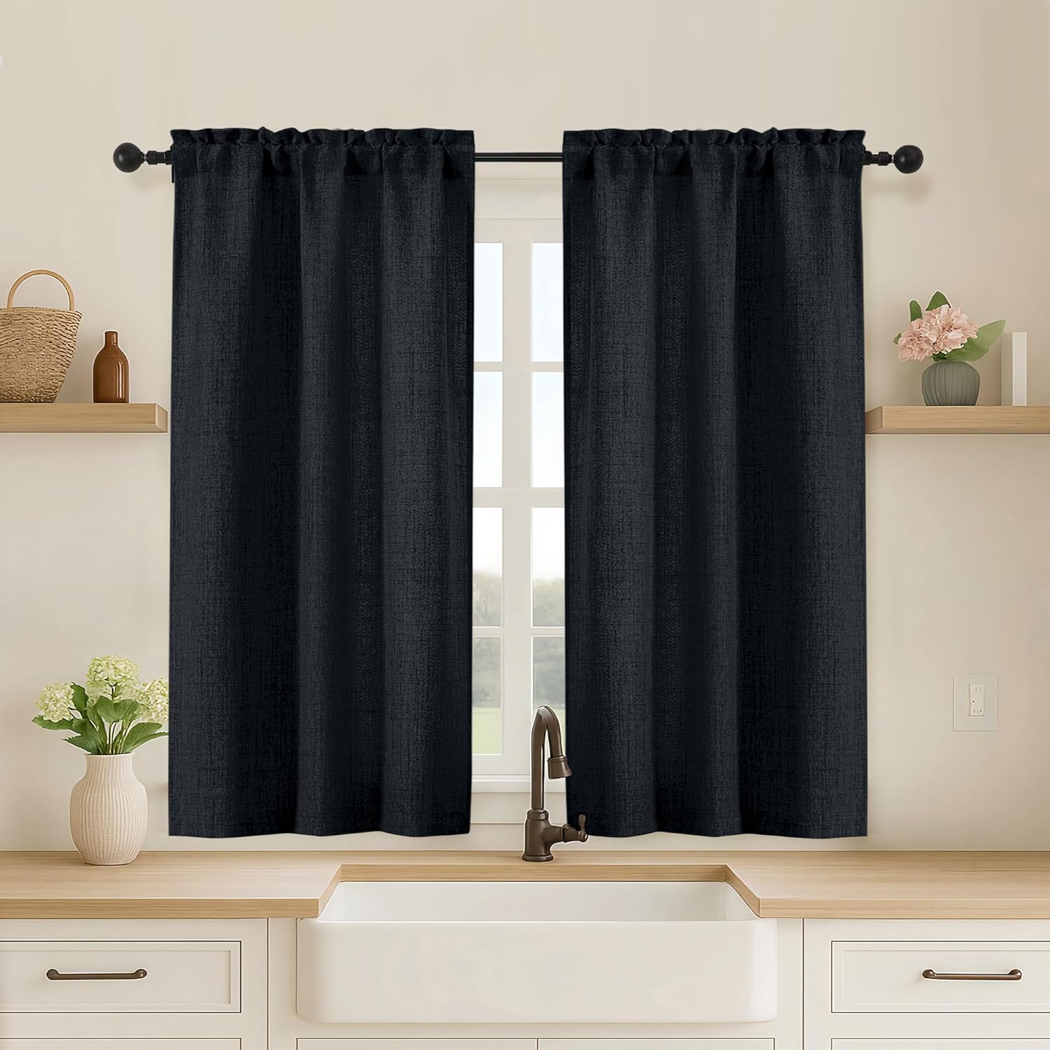 GUAJDE-Black Cafe Curtains 45 Inch Length 2 Panels, Thick Textured ...