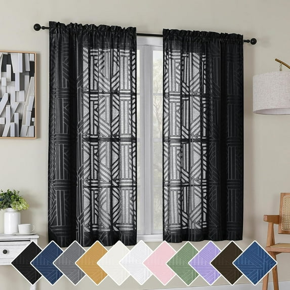 GUAJDE-Black Semi Sheer Curtains 54 Inch Length 2 Panels, Geometric ...