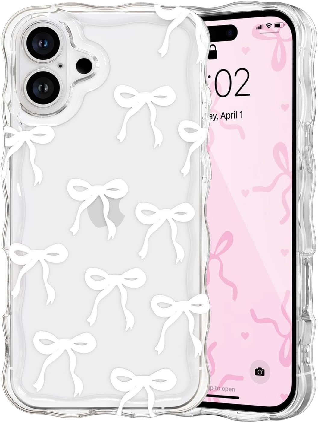 GUAJDE-Bow Case for iPhone 16, Cute Ribbon Bows Wavy Curly Frame Clear ...