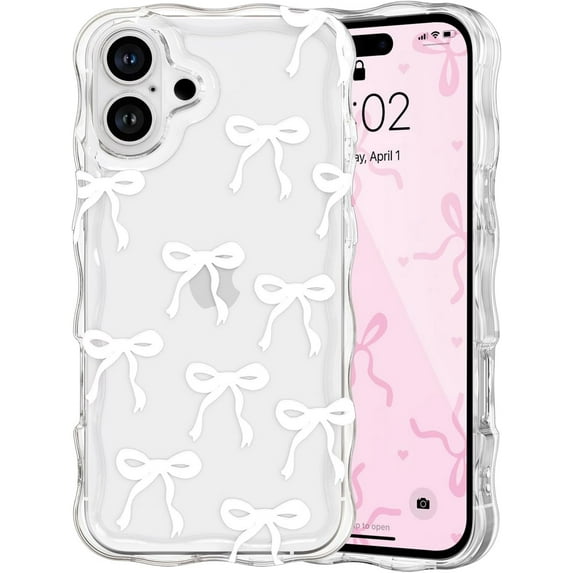 GUAJDE-Bow Case for iPhone 16, Cute Ribbon Bows Wavy Curly Frame Clear ...