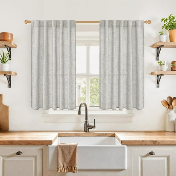 GUAJDE-Light Grey Linen Curtains 40 Inches Long for Kitchen Cafe Window ...